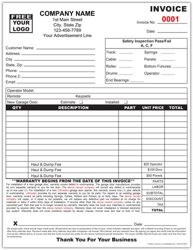 Custom Printed Garage Door Service Invoice Printit4Less