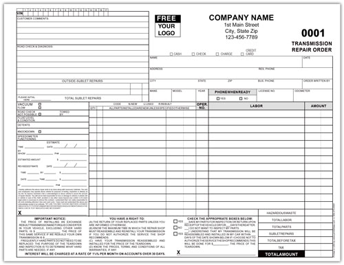 Automotive Transmission Repair Invoice Form