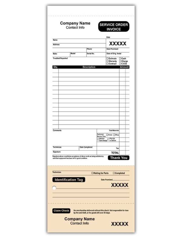 Service Order Invoice with Detachable Claim Check | Printit4Less.com